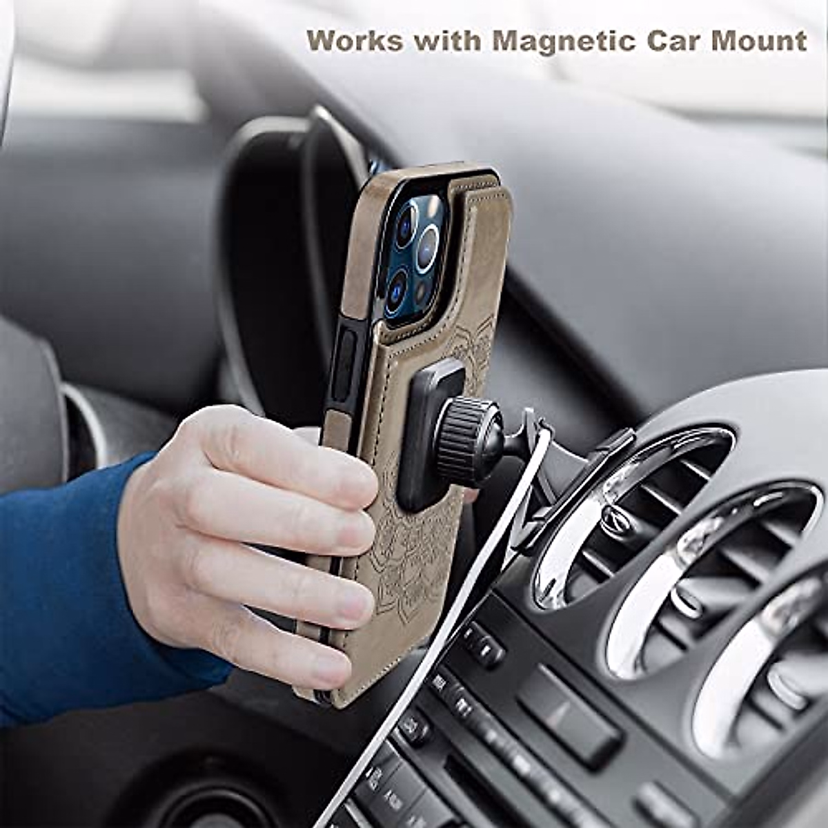 Vaburs Compatible with iPhone 13 Pro Max Case Wallet with Card Holder, Embossed Mandala Pattern Flower PU Leather Double Buttons Flip Shockproof Cover for Magnetic Car Mount 6.7 Inch (Gray)