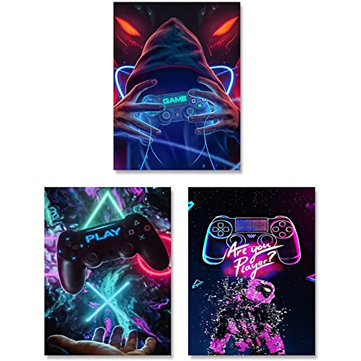 Neon Gaming Art Posters, 12"x16" Video Game Canvas Wall Art, Gamepad Playstation Controller Decorative Interior Painting Wall Art Posters for Teenage Boys Room Playroom Decor, (Set of 3-Unframed)