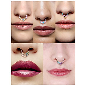 Vsnnsns 16G Septum Rings Piercing Jewelry Skull Septum Jewelry CZ Clicker Ring Stainless Steel flower Septum Hinged Segment Nose Rings Hoop Piercing Jewelry for Men Women 10mm 5pcs Rainbow
