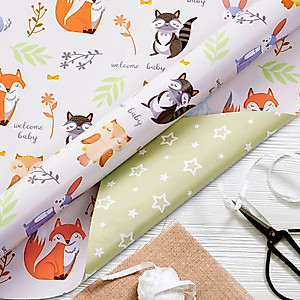 Tyzarglef Reversible Baby Shower Wrapping Paper - Mini Roll for Baby Boys Girls - 17 Inch X 33 Feet - Woodland Animals & Welcome Baby Design for Baby Shower, Birthday Party, Holiday