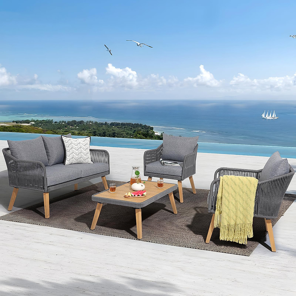 Patiorama 4 Piece Patio Furniture Set, Outdoor FSC Certified Acacia Wood Conversation Set, All-Weather Rope Sofa Set w/Coffee Table, Loveseat, Modern Deep Seating Set for Lawn Balcony Poolside, Grey