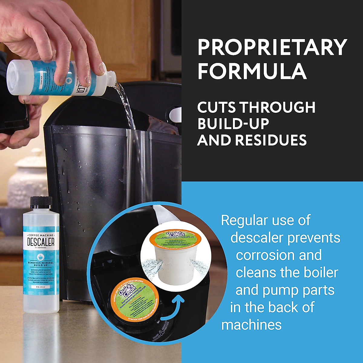 IMPRESA Cleaning and Descaler Kit - 2 Uses Per Bottle Plus 4 Cleaning Cups Compatible with Keurig K-Cup Pod Machines - Made in USA - Universal Descaling Solution and Stain Remover