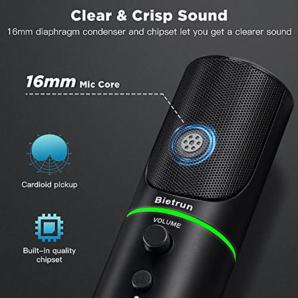 Bietrun UMKF01 Noise Reduction USB Microphone, Cardioid Pickup Pattern, Plug and Play, Adjustable Heavy-Duty Stand, 1-Year Warranty