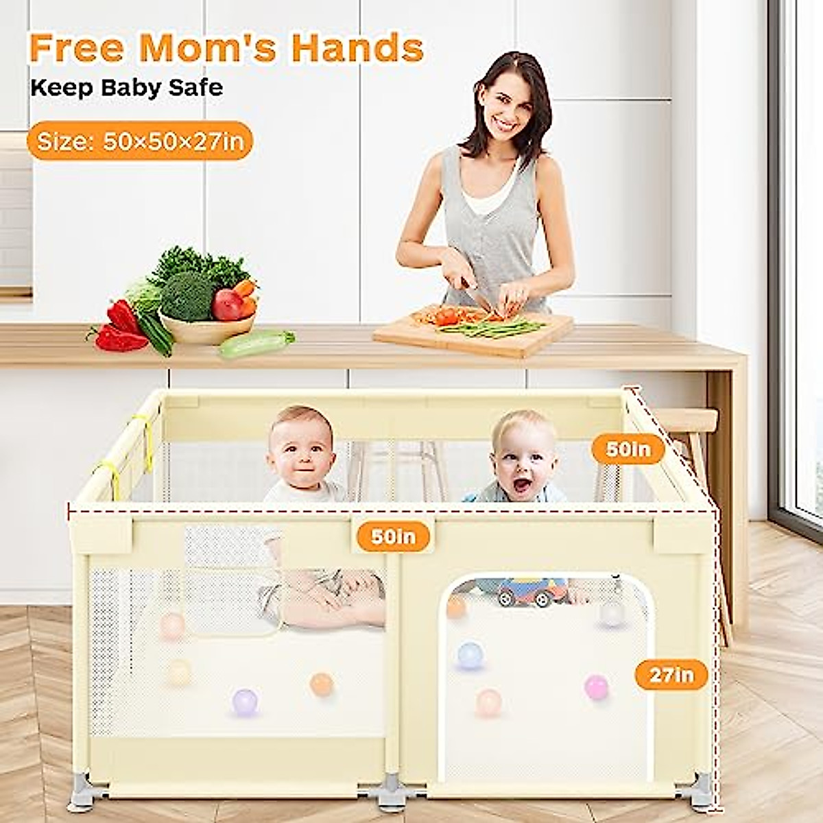 ZESHWER Baby Playpen with Gate, Play Pens for Babies and Toddlers, Play Yard for Baby, 50"x50" Baby Fence, Activity Center for Baby, Sturdy Safety Playpen with Anti-Slip Base, Beige