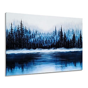 YHSKY ARTS Pine Tree Canvas Wall Art with Textured - Big Black and Blue Nature Paintings - Abstract Forest Pictures for Living Room Bedroom Bathroom Decor