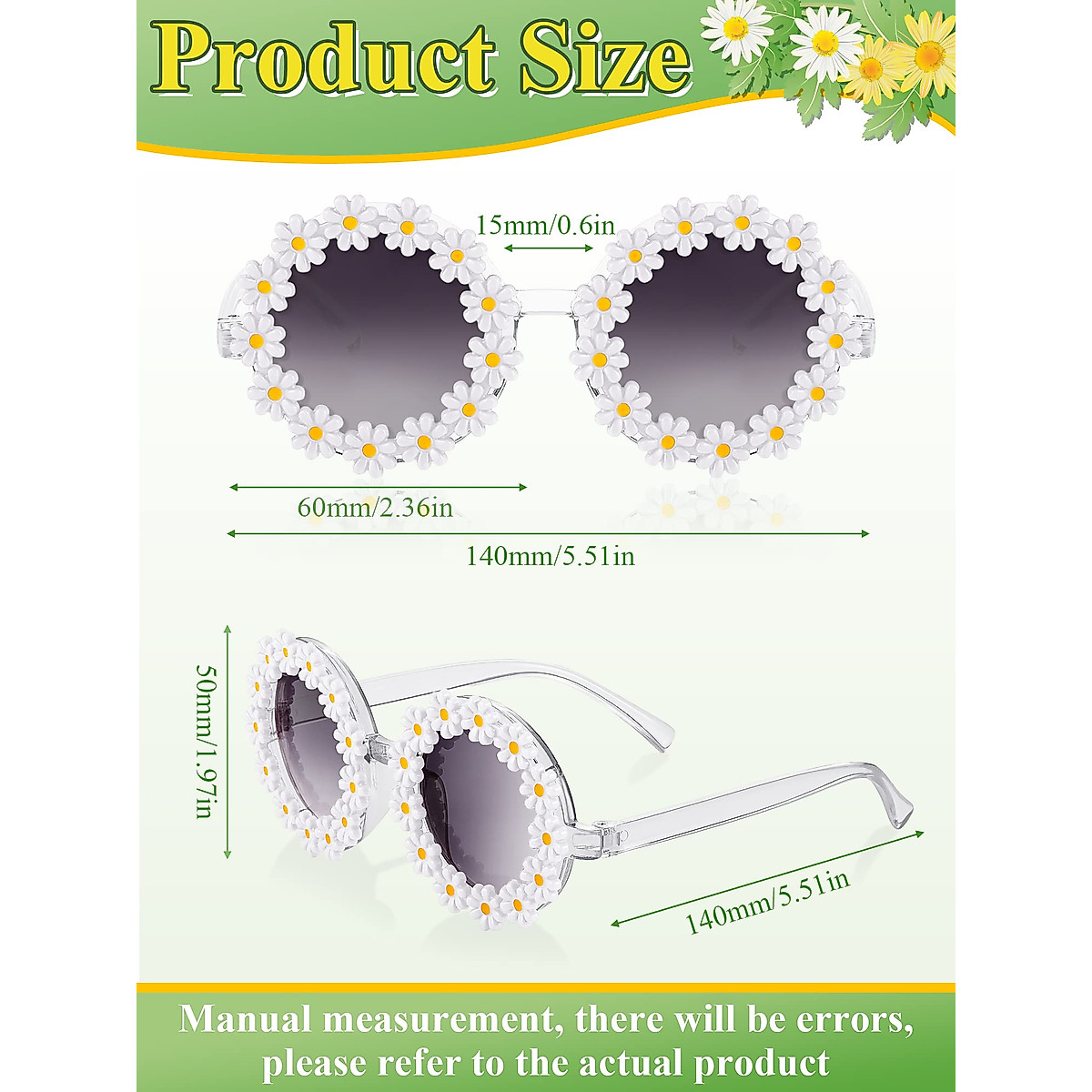 Dunzy 6 Pack Daisy Flower Sunglasses for Women Retro Hippie Round Glasses 70s Disco Groovy Sunglasses for Party Costume Accessories, 6 Colors