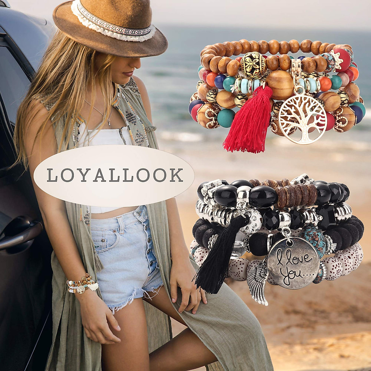 LOYALLOOK 8 Sets Bohemian Stackable Bead Bracelets for Women Stretch Multilayered Boho Stackable Bracelets Stack Beads Multicolor Beaded Strand Bangle Charm Bracelets Boho Tassel Bracelet Set Handmade