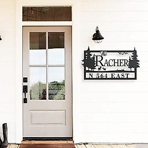 Modern House Numbers Sign for Outside, Metal Address Sign with Family Name, Personalized Address Numbers Tree Sence Deer Hunter Handmade Metal Address Sign Address Plaque Front Door Sign