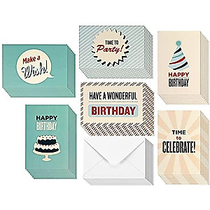 48 Pack Happy Birthday Cards Boxed with Envelopes Bulk, 6 Assorted Blank Retro Party Designs 4x6