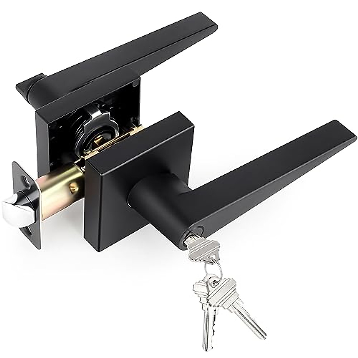 LOQRON Heavy Duty Entrance Door Lever Keyed Entry Door Handle with Lock and Keys Reversible for Matte Black Handle for Bedroom, Office or Front Door