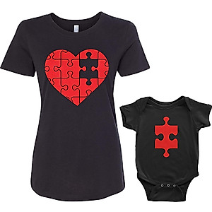 Threadrock Heart & Missing Piece Infant Bodysuit & Women's T-Shirt Matching Set (Baby: 12M, Black|Women's: M, Black)