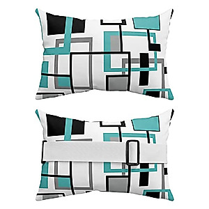Recliner Head Pillow Ledge Loungers Chair Pillows with Insert Retro Middle Ages Abstract Geometry Teal Black Square Lumbar Pillow with Adjustable Strap Patio Garden Cushion for Bench Couch, 2 PCS