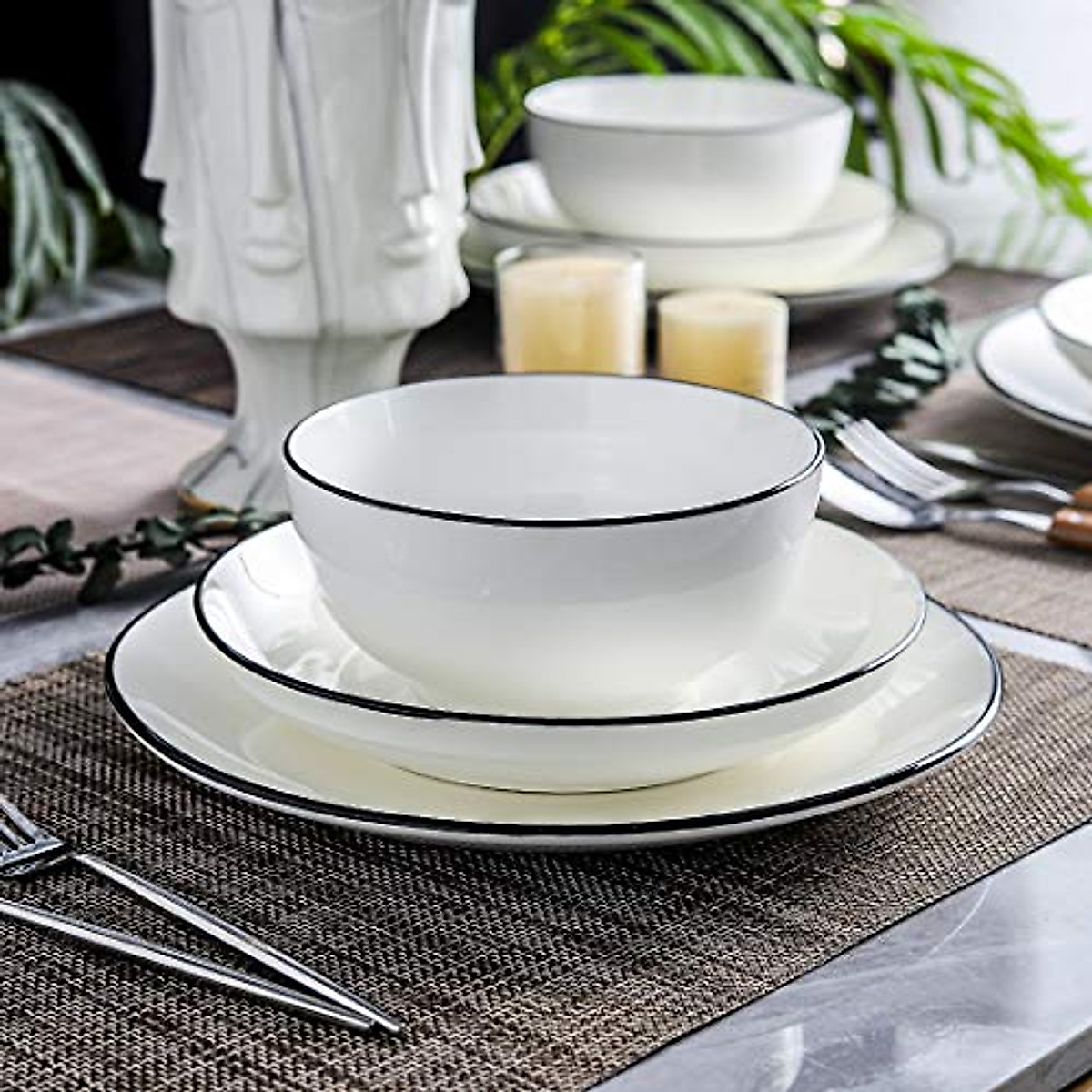 YOLIFE 10 inch Dinner Plate, Set of 4 White and Black Trim Porcelain Plates
