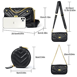 Small Quilted Crossbody Bags for Women Trendy Designer PU Leather Shoulder Bag with Coin Purse Sets Metal Chain Clutch (Black)