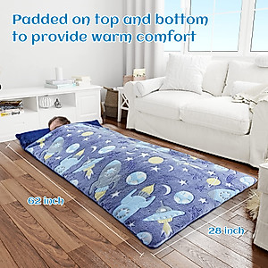 Kids Sleeping Bags, Glow in The Dark Slumber Bag for Kids, Toddler Nap Mat with Pillow and Blanket for Sleepover, Daycare, Preschool (62" x 28") (Space Explore)