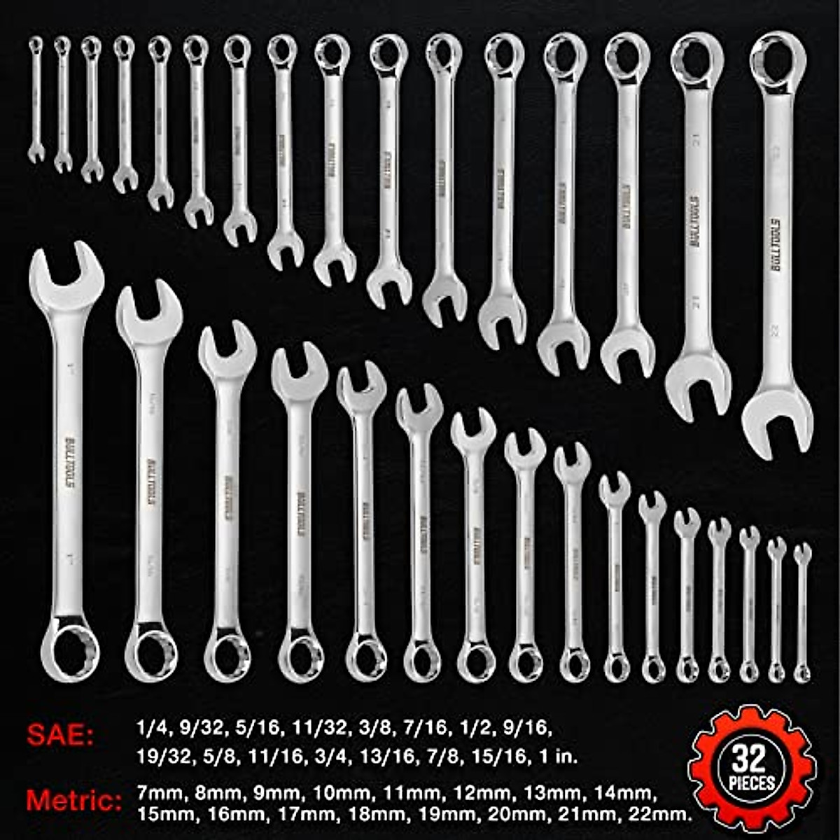 BULLTOOLS 32-Piece Combination Wrench Set, SAE and Metric 1/4"-1" & 7mm-22mm Wrenches Chrome Vanadium Steel Box End and Open End Standard Wrench Set with Case