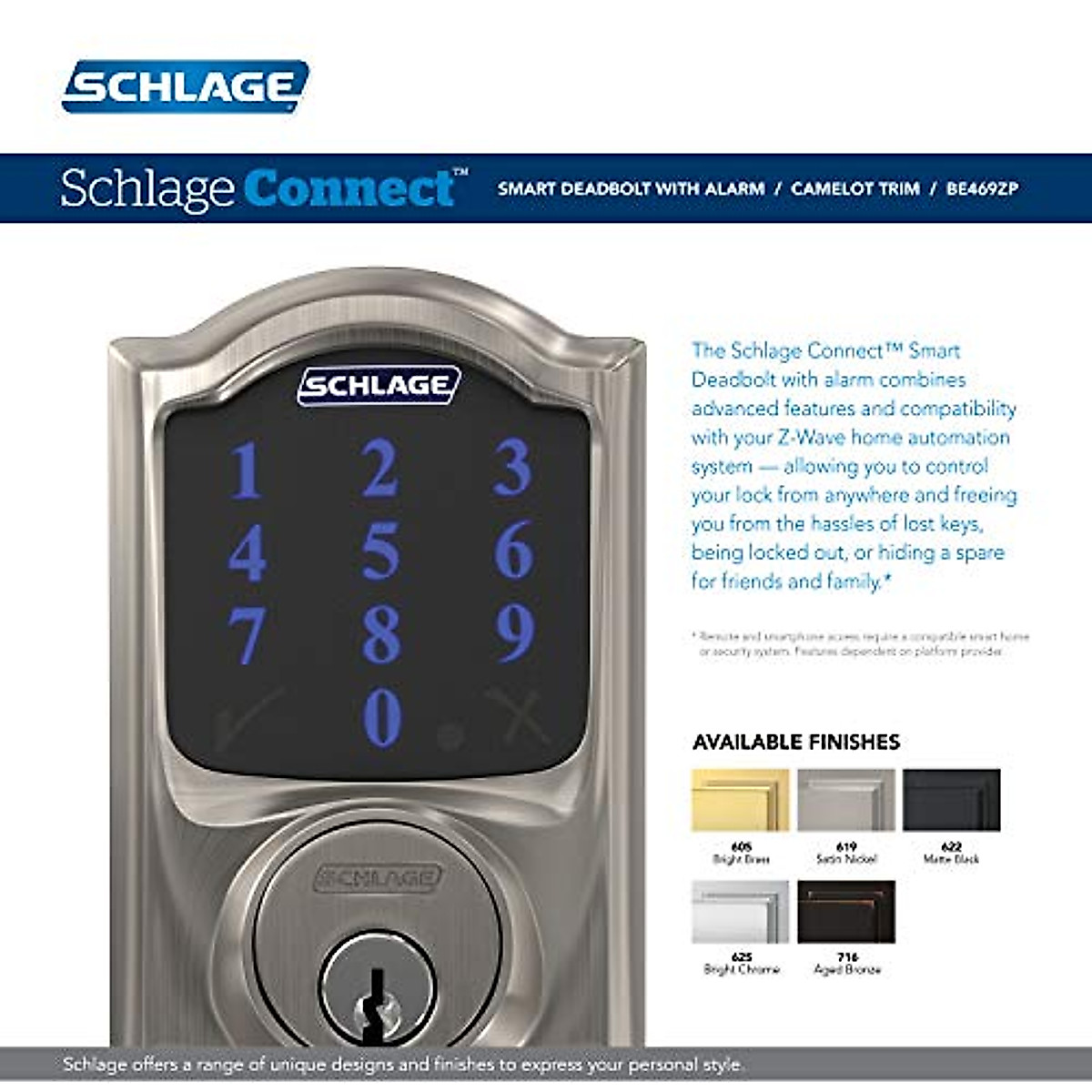 SCHLAGE BE469ZP CAM 619 Connect Smart Deadbolt with alarm with Camelot Trim in Satin Nickel, Z-Wave Plus enabled