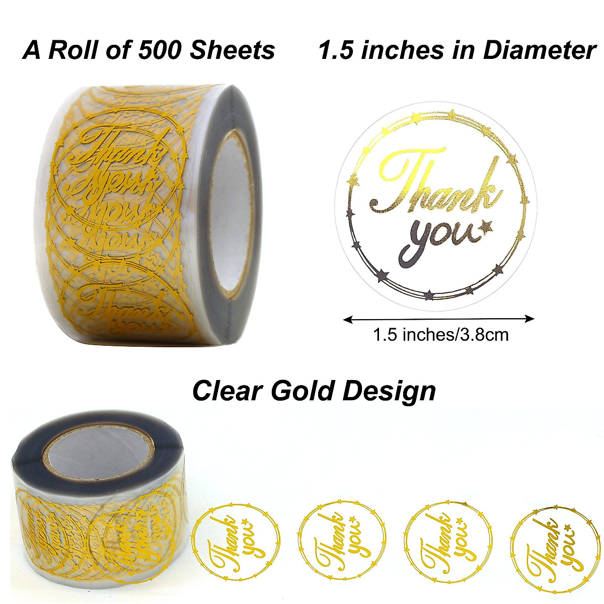 Masper 1.5 inches/500 Thank You Stickers in 6 Clear Gold Foil Designs, Thank You Stickers for Small Business Cards Envelpoes Gifts