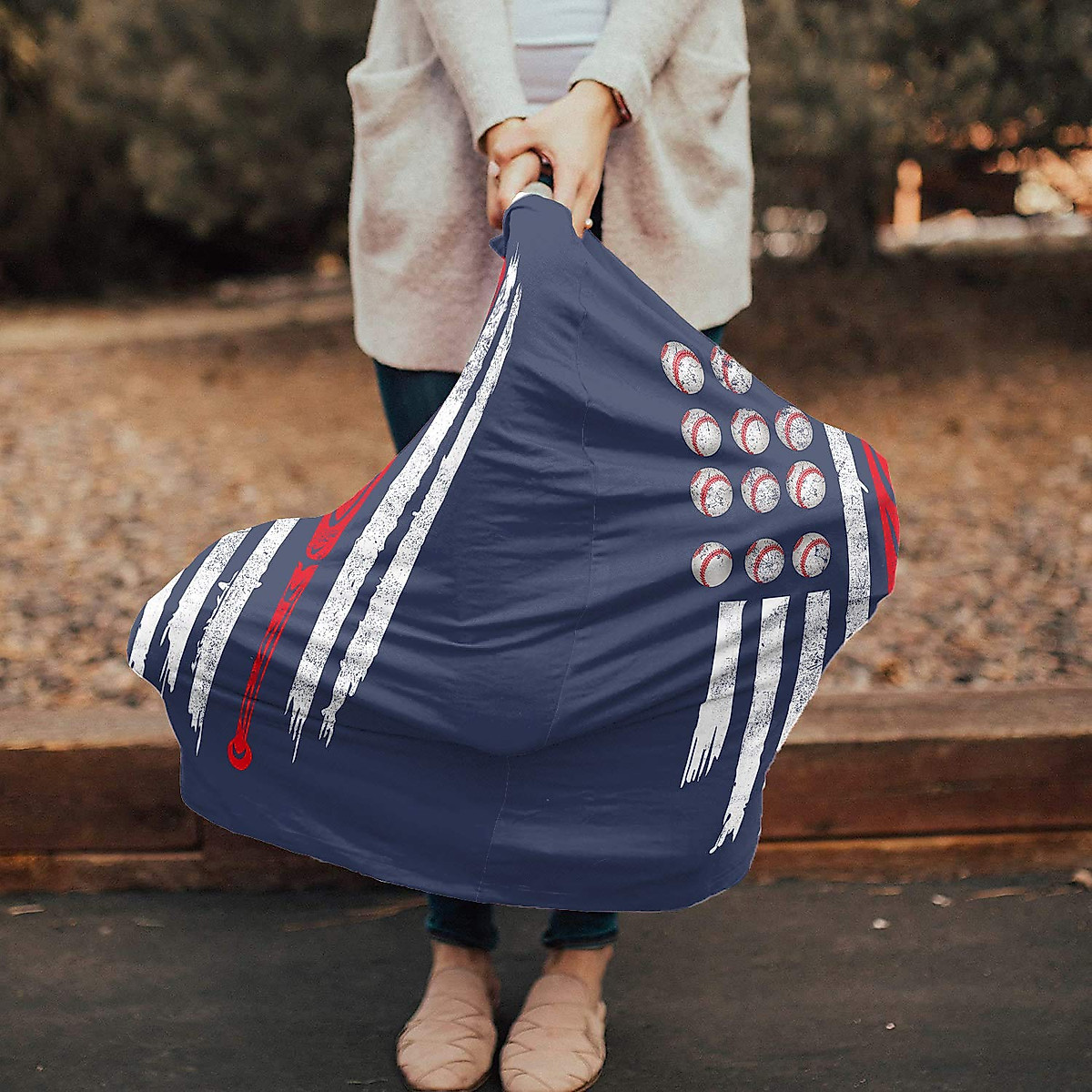 Baby Car Seat Covers American Flag, Nursing Cover Breastfeeding Scarf/Shawl, Infant Carseat Canopy, Stretchy Soft Breathable Multi-use Cover Ups, Baseball Blue White Stripe