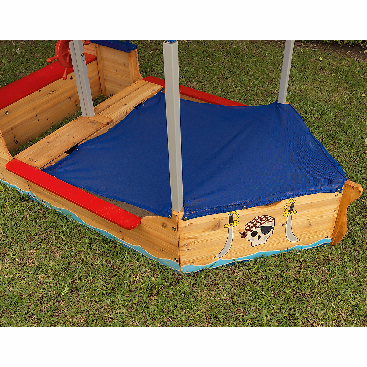 KidKraft Wooden Pirate Sandbox with Canopy, Covered Children's Sandbox, Outdoor Furniture - Blue & Red, Gift for Ages 3-8