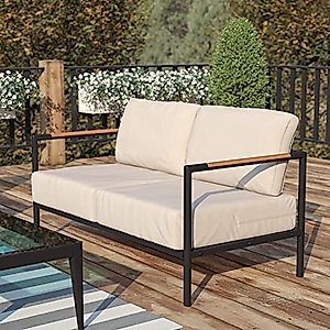 Flash Furniture Modern Patio Loveseat With Cushions - Contemporary Black Frame and Teak Accented Arms - Beige Cushions - Zippered Removable Covers