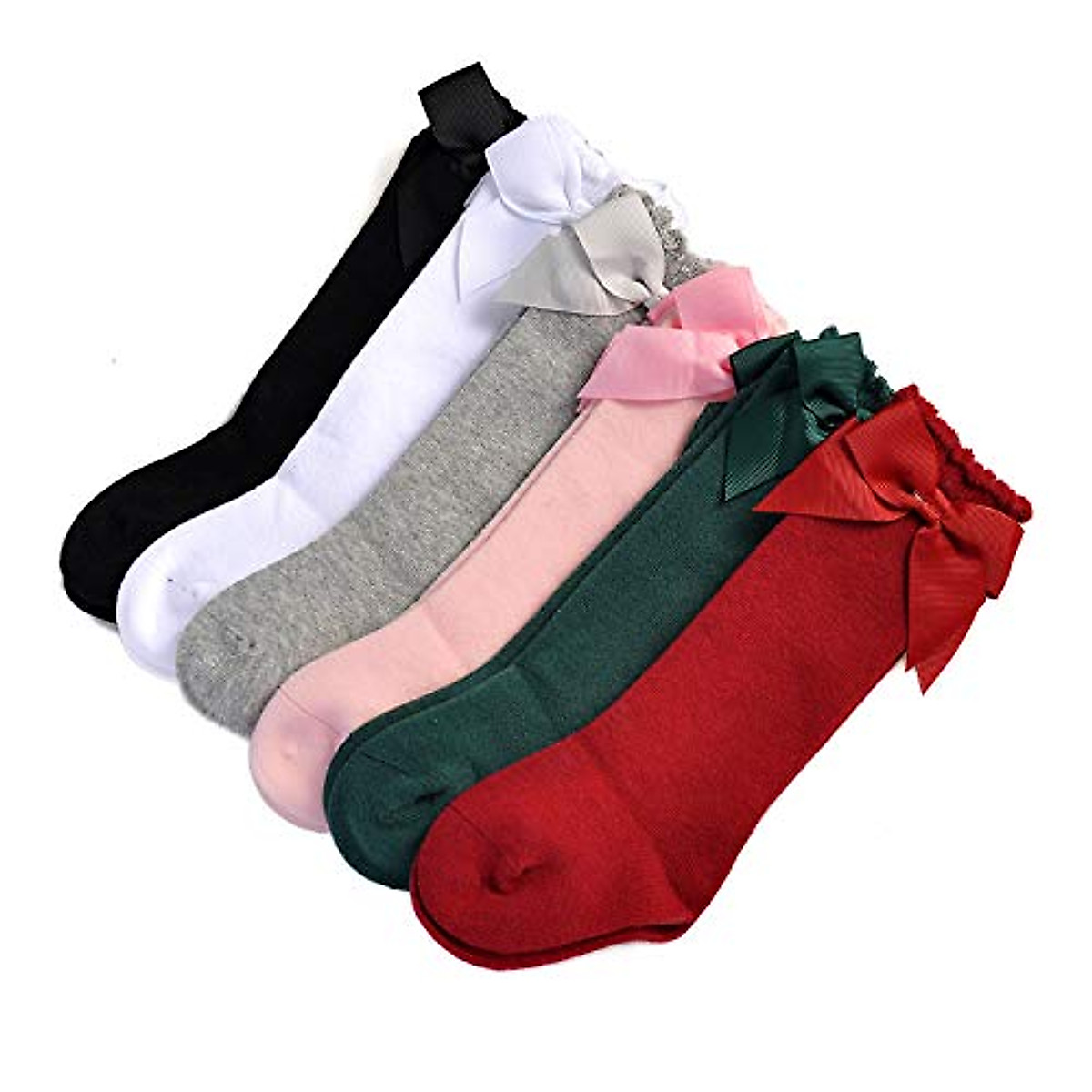 EPEIUS Baby Knee High Socks Newborn Girls Socks with Bow Uniform Tube Stockings Baby Long Socks for 0-3 Months,6 Pairs Pack,Black/White/Grey/Duty Pink/Wine/Green