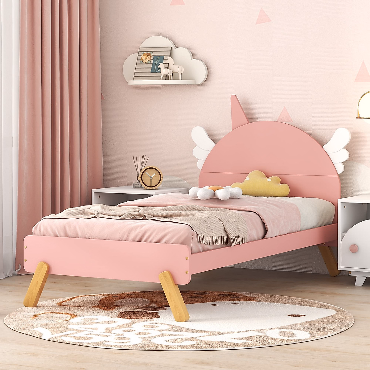 Lifeand Twin Size Bed with Shelf Behind Headboard,Wooden Cute Platform Bed with Curved Headboard,Pink