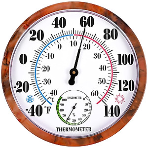 Indoor Outdoor Thermometer Hygrometer - 10Inch Outdoor Thermometers Large Number, 2 in 1 Thermometer Hygrometer, No Battery Needed Large Outdoor Thermometers for Patio (Brown)