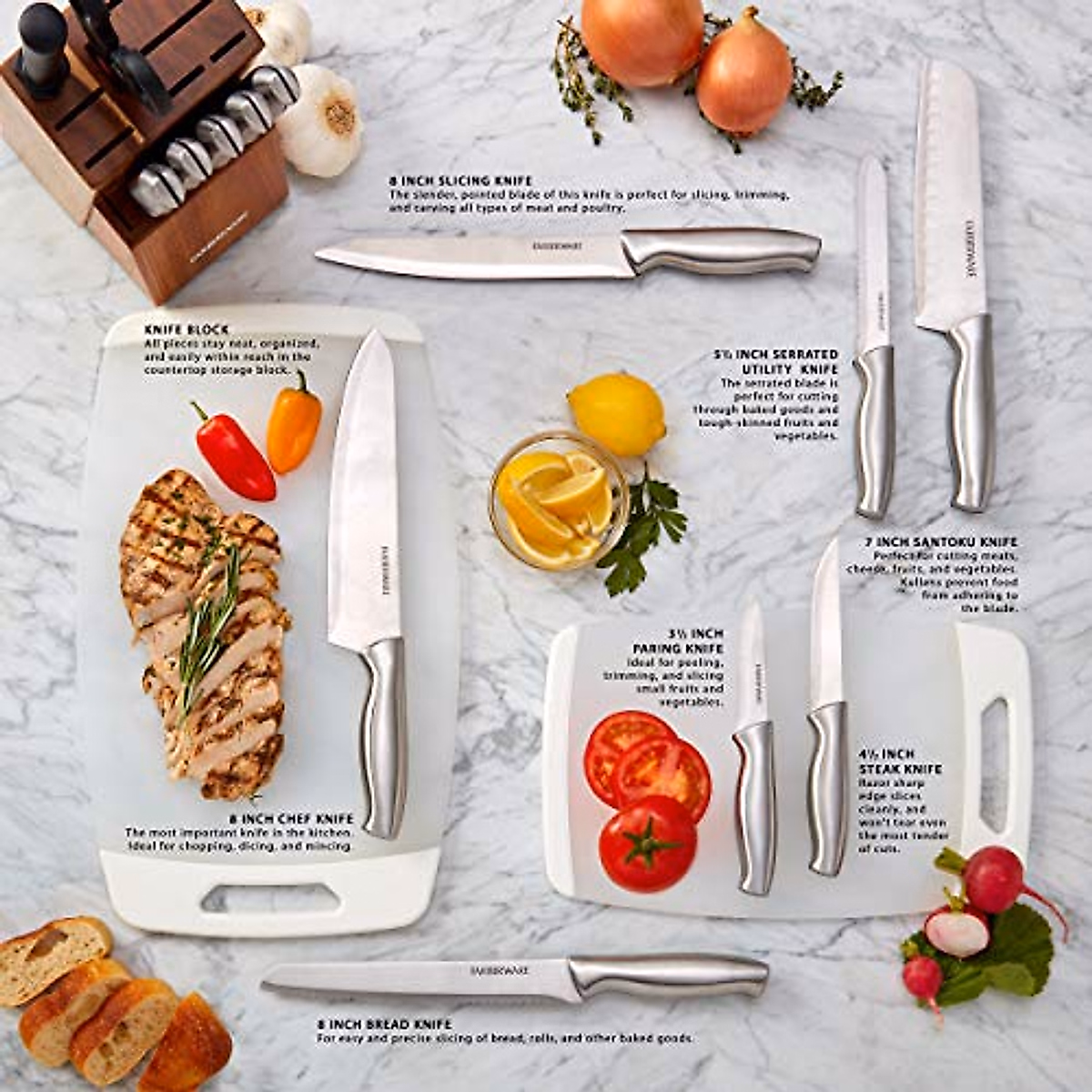 Farberware 15-Piece Stamped Stainless Steel Knife Block Set, High-Carbon Stainless Steel Kitchen Knife Set with Ergonomic Handles, Razor-Sharp Knives with Wood Block, 15-Piece Set, Acacia