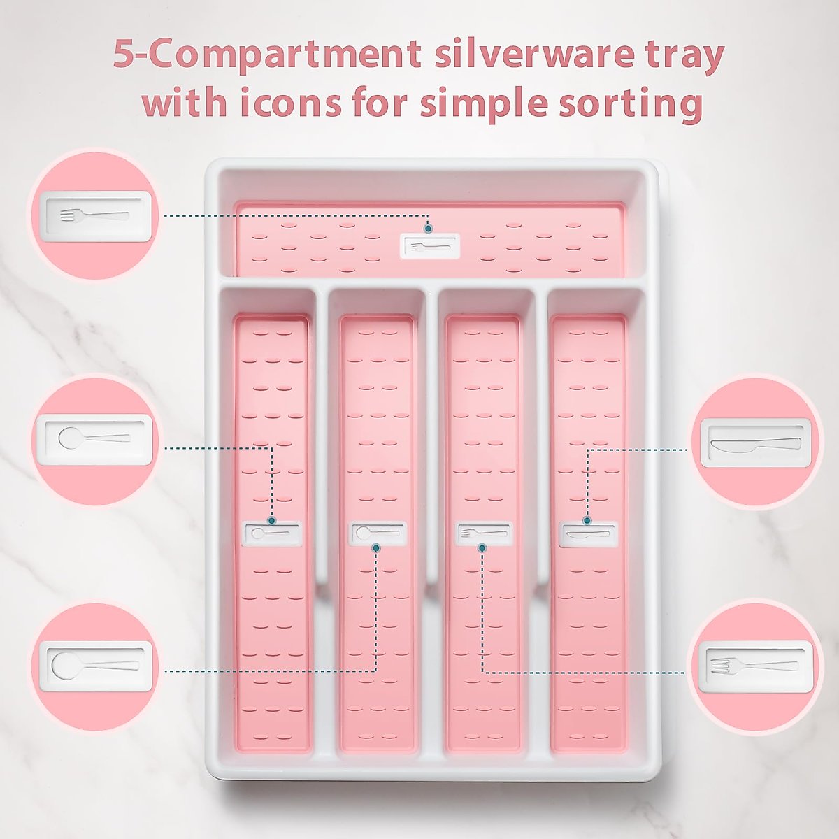 Joequality Silverware Organizer with Icons，Plastic Cutlery silverware Tray for Drawer，Utensil Flatware Tableware Organizer for Kitchen with Non-slip TPR,Fits Standard Drawer,5-Compartment,Pink
