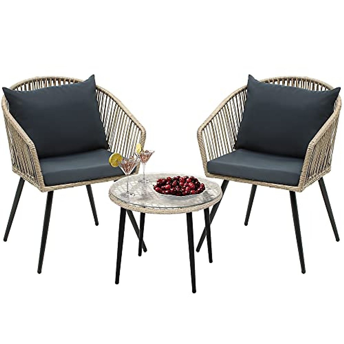 YITAHOME 3-Piece Outdoor Patio Furniture Wicker Bistro Set, All-Weather Rattan Conversation Chairs for Backyard, Balcony and Deck with Soft Cushions, Glass Side Table, Gray Rattan