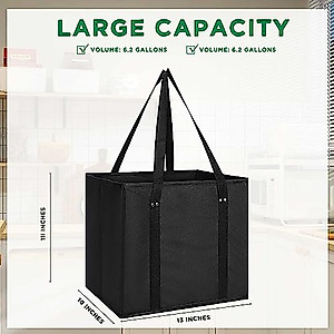 Silkfly 6 Pcs Reusable Grocery Bags with Sturdy Cardboard Bottom and Handles Large Heavy Duty Washable Shopping Tote Bags Bulk Utility Foldable Storage Bins Basket for Food Cart Clothes, Black