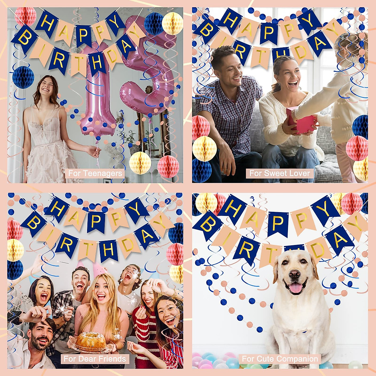 Navy Rose Gold Birthday Decorations with Happy Birthday Banner, Honeycomb Balls, Metallic Hanging Swirls and Circle Parper Garland, Birthday Decorations for Women