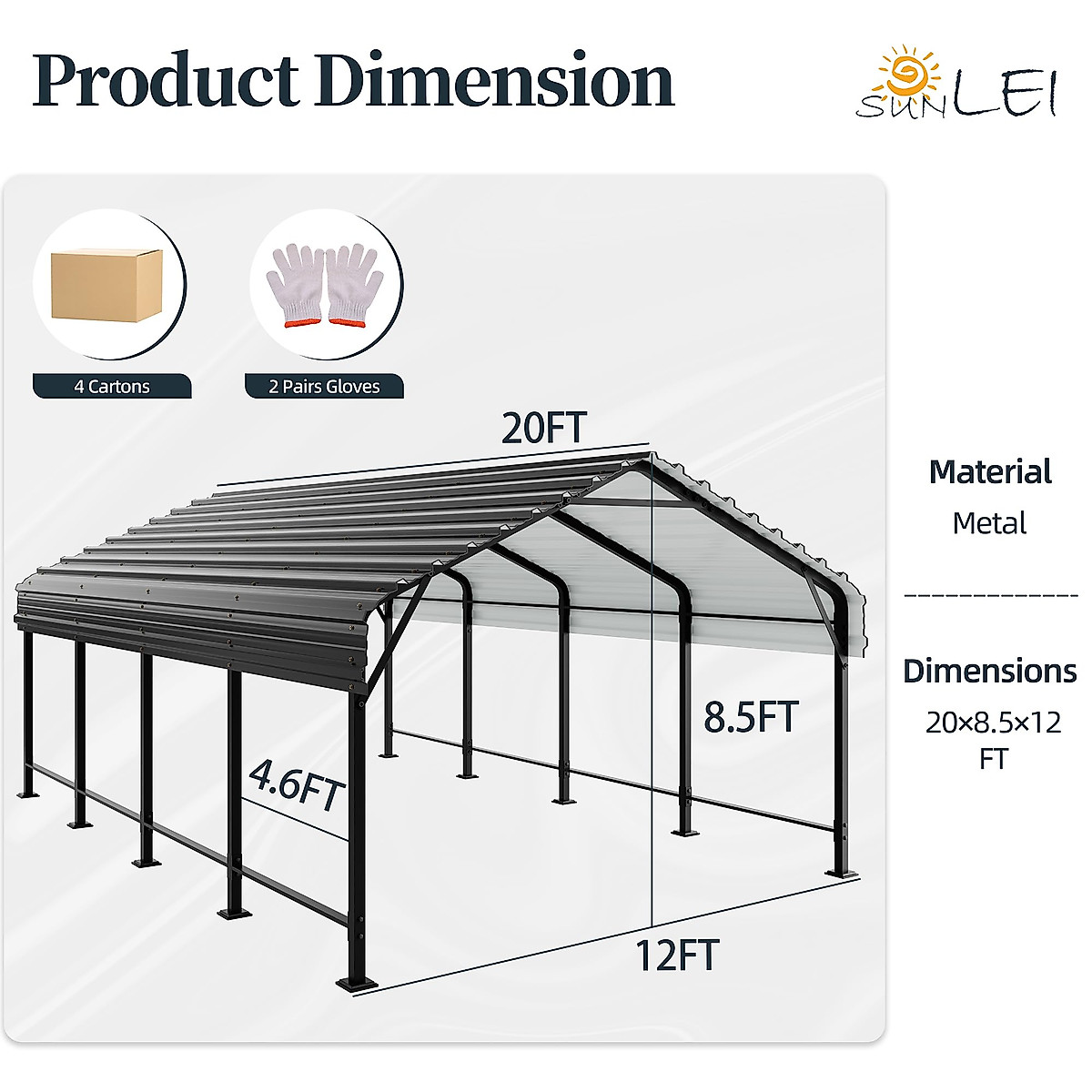 SUNLEI 12X20 FT Carport, Heavy Duty Carport Canopy with Galvanized Steel Roof and Frame, Metal Carport Upgraded Extra Large Garage for Pickup, Boat, Car and Tractors