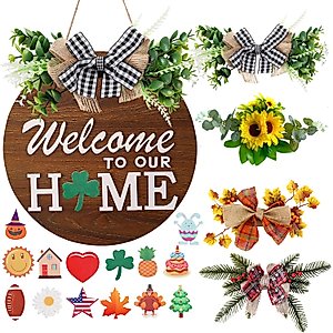 Interchangeable Welcome Sign for Front Door with 4 Seasonal Wreaths and 14 Changeable Icons, Farmhouse Front Door Signs, Door Decoration Porch Decor, Seasonal Wooden Home Sign Home décor (6wood)