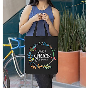 shop4ever His Grace is Enough Christian Floral Eco Cotton Tote Reusable Shopping Bag Black ECO 1