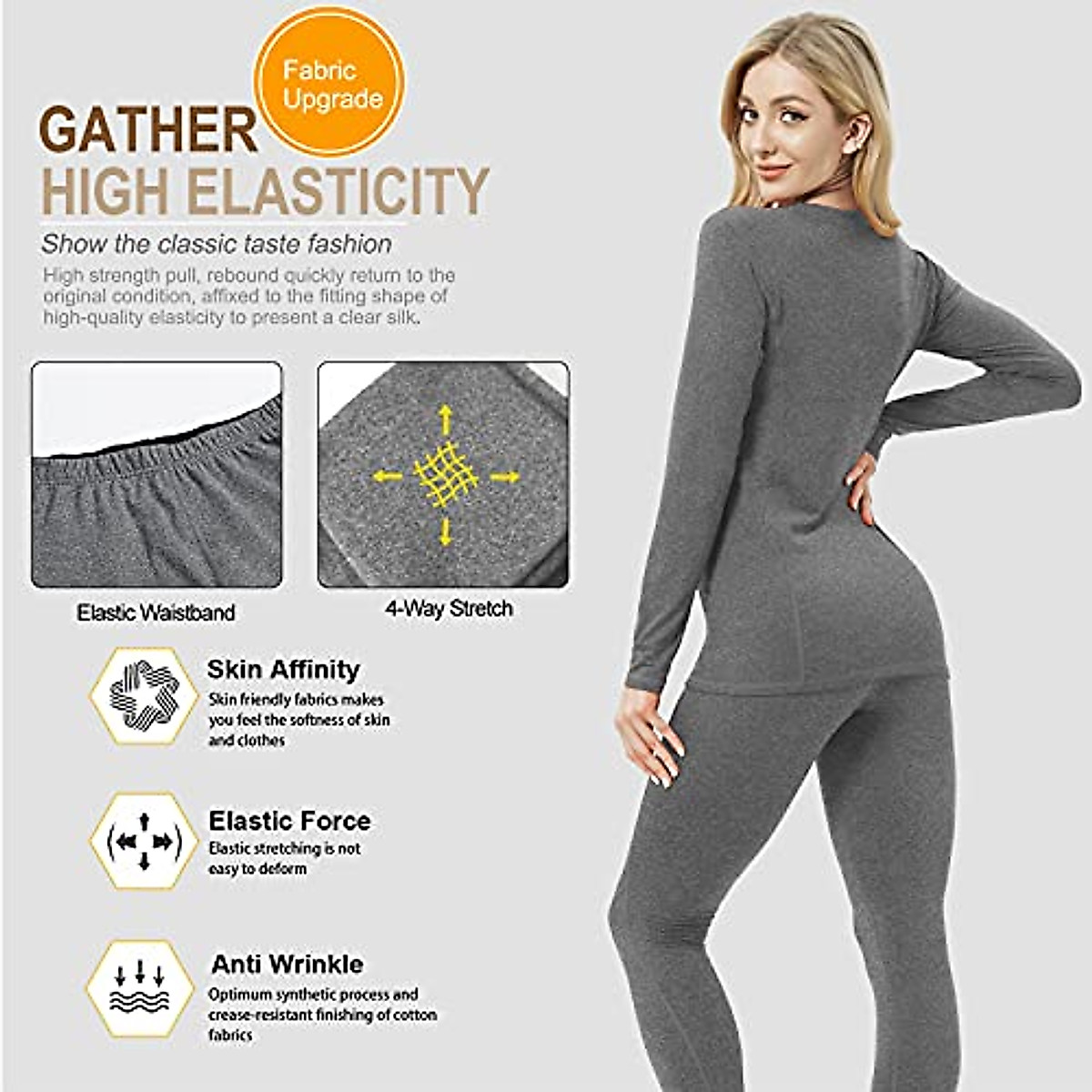 MeetHoo Thermal Underwear for Women, Winter Warm Base Layer Compression Set, Fleece Lined Long Johns Running Skiing Gray