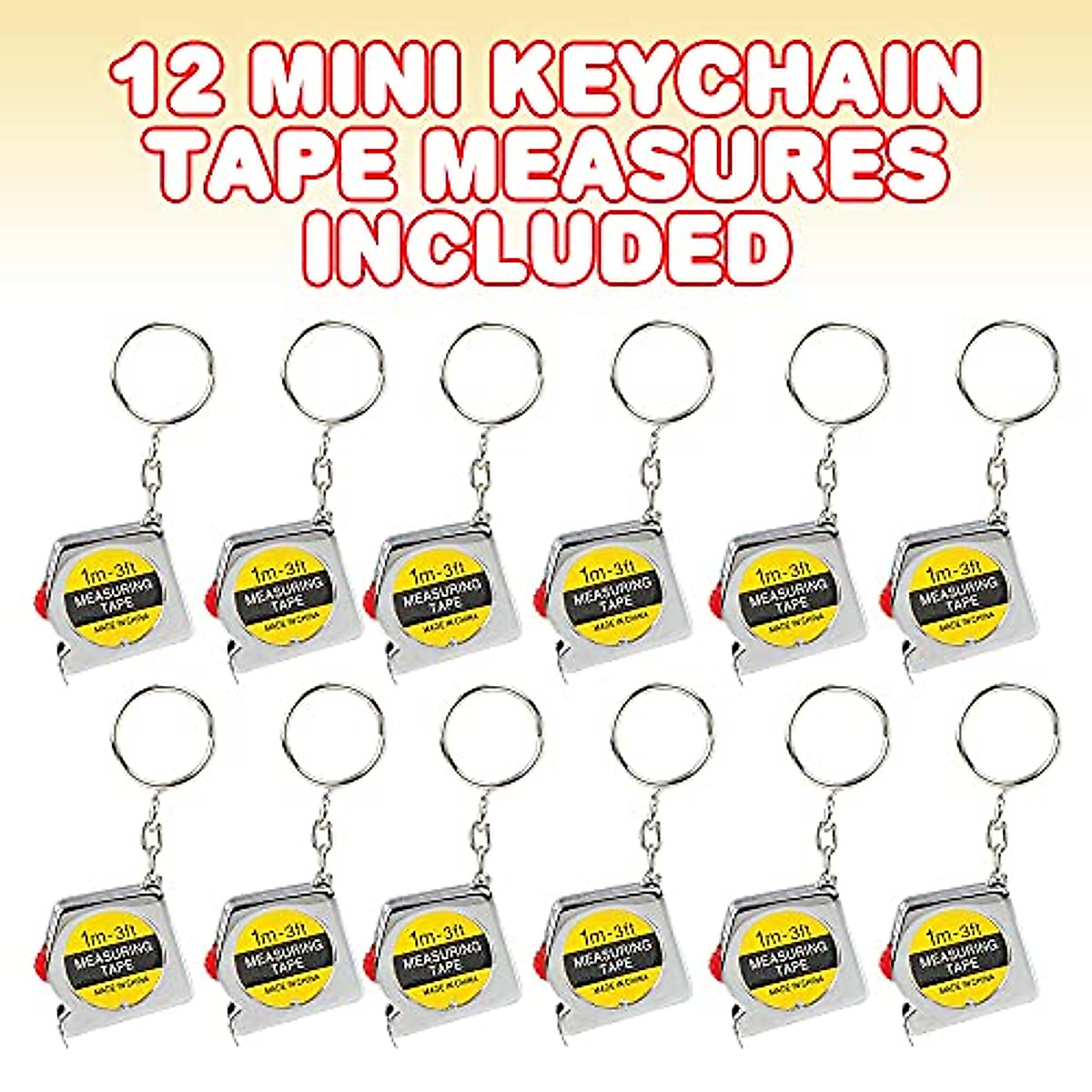 ArtCreativity 1.5 Inch Tape Measure Keychains for Kids, Set of 12, Functional Mini Tape Measures with Stable Slide Lock, Birthday Party Favors, Goody Bag Fillers, Prize for Boys and Girls