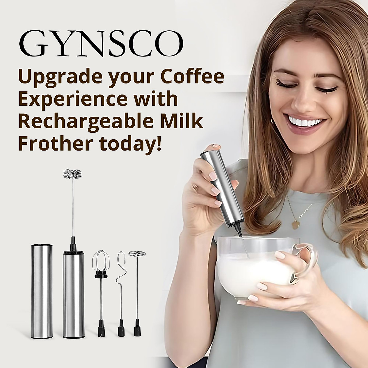 GYNSCO - Milk Frother Rechargeable (USB) with 4 Electric Whisk Frother Tools, Easy-to-Use Handheld Stirrers Electric Powered for Mixing Coffee, Latte, Eggs, Baby Food, Hot Choco & More