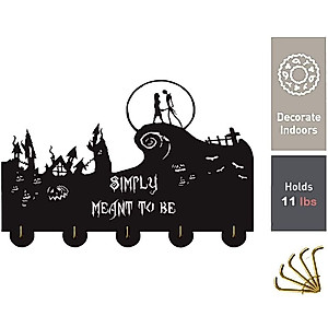 QianZhou-Uk Christmas Halloween Nightmare Decor Key Holder Wall Mounted Hooks for Decorative with 5 Black Metal Organizer Rack Hanger Entryway, Front Door, Hallway, 12X8.2inches (B)