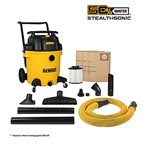 DEWALT 16 Gallon STEALTHSONIC Poly Wet/Dry Vacuum, DXV16P-QTA Noise Reduction Heavy Duty Shop Vacuum for Jobsite/Workshop, Reduce Motor Noise, Yellow
