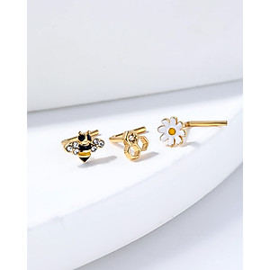 Jewseen 3PCS Nose Rings 20G Gold Nose Stud Surgical Steel Nose Piercing Jewelry Bee Nostril Piercing Jewelry L-Shaped Nose Piercings for Women Men