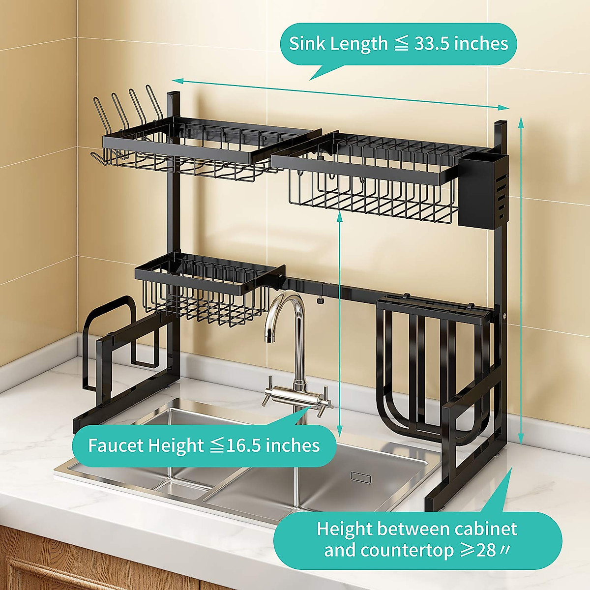 Over The Sink Dish Drying Rack Adjustable (25.6"-33.5"), 2 Tier Stainless Steel Dish Rack Drainer, Large Dish Rack Over Sink for Kitchen Counter Organizer Storage Space Saver with 10 Utility Hooks