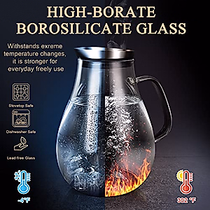 SUSTEAS 2 Liter Glass Pitcher, Water Pitcher with Removable Lid And Wide Handle, Easy Clean Juice Jug for Fridge, Beverage Carafe for Cold/Hot Water, Iced Tea, 1 Free Long-Handled Brush Included