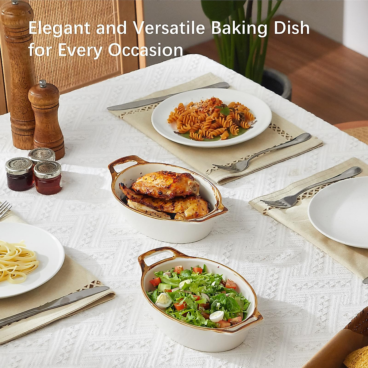 ONEMORE Au Gratin Baking Dish, 20 oz Individual Casserole Dishes Oven Safe 6x8 Oval Ceramic Small Baking Dish with Handles for Pies & Meals, Set of 4 Brown Rim Gratin Dish for Cooking & Small Serving