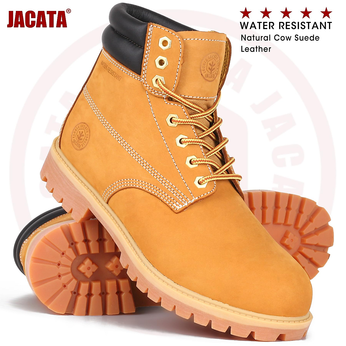 Jacata Work Boots For Men Steel/Soft Toe Non Slip Rubber Sole Resistant Utility Oil Mens Industrial Construction Boots(Wheat Size 11)