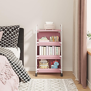 Buzowruil Utility Rolling Fabric Storage Rack Trolley Toy Rack Storage Cart Trolley with 3 Large Storage Boxes，Wheels, Suitable for Bedroom, Living Room, Entryway, Pink