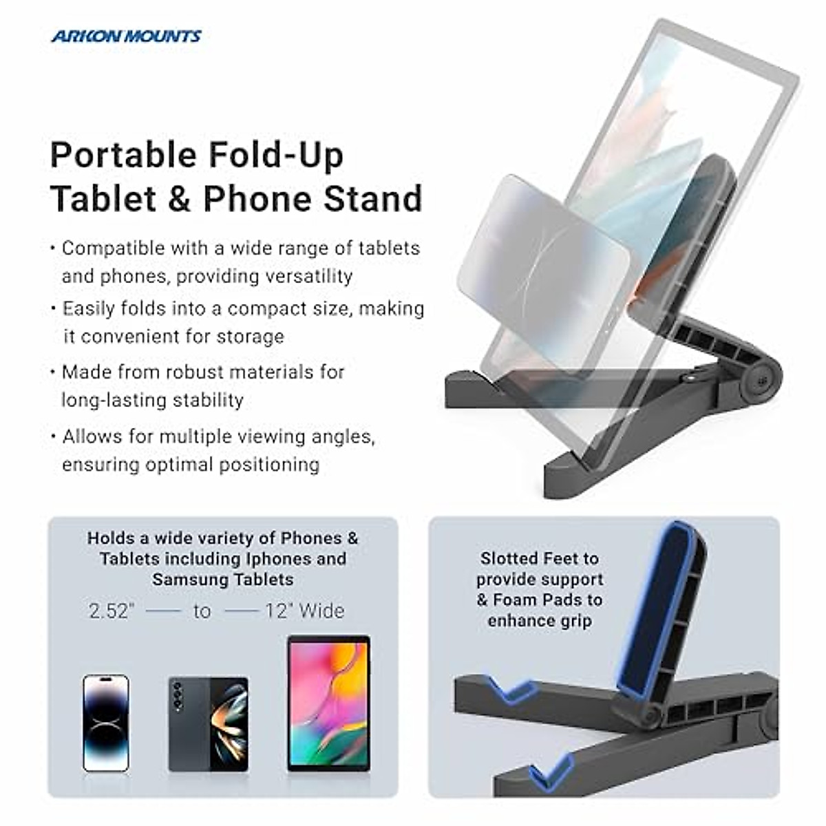 ARKON Mounts Portable Tablet Stand | Adjustable Viewing Angle | For Phones and Tablets | Fits Apple iPad, iPhone, Samsung Galaxy, Note, Switch, and more