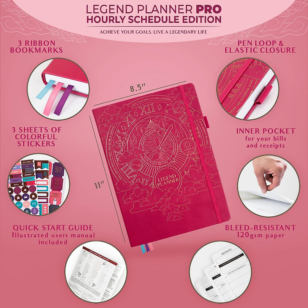 Legend Planner PRO Hourly Schedule - Weekly & Daily Organizer with Time Slots. Appointment Book Journal for Work & Personal, A4 (Hot Pink)