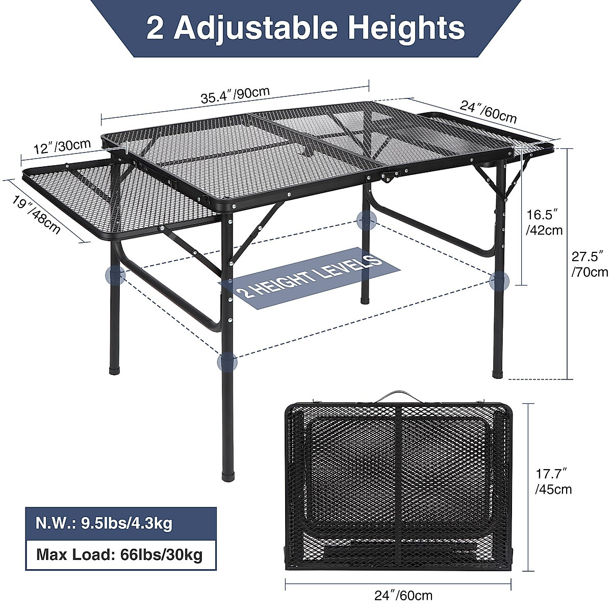 REDCAMP 36x24 Folding Grill Table for Outside with 2 Side Tables, Lightweight Portable Metal Aluminum Outdoor Grill Table with Adjustable Height Legs, Great for Camping Picnic Cooking BBQ, Black 3ft